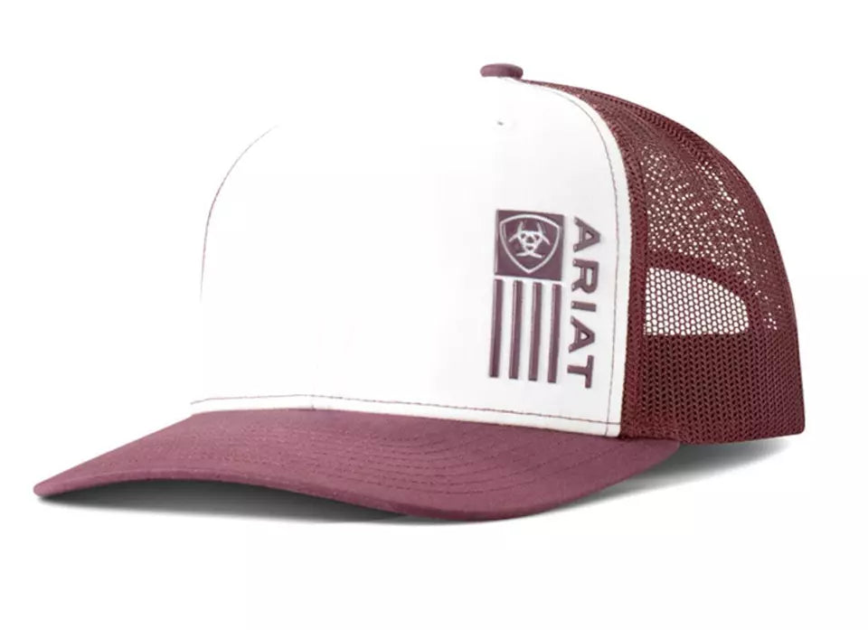 Ariat Western Mens Cap Baseball Hat Logo Rubber Flag White Burgundy ...